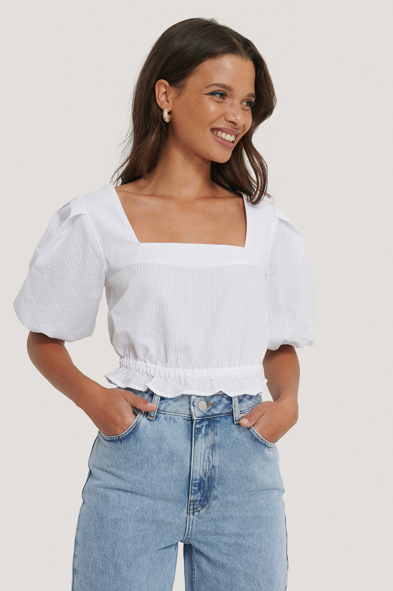 Cropped Seersucker Top White | NA-KD