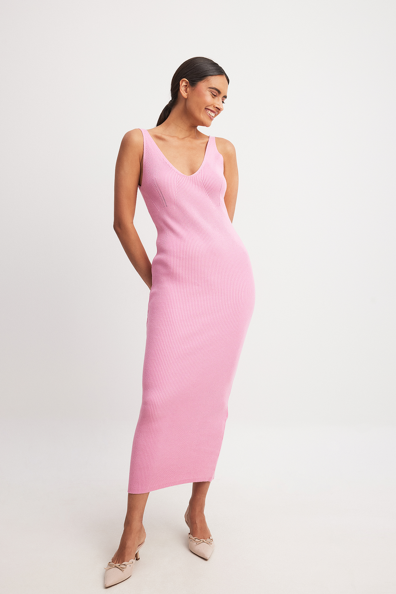 Ribbed Knitted Deep Back Dress Pink | NA-KD