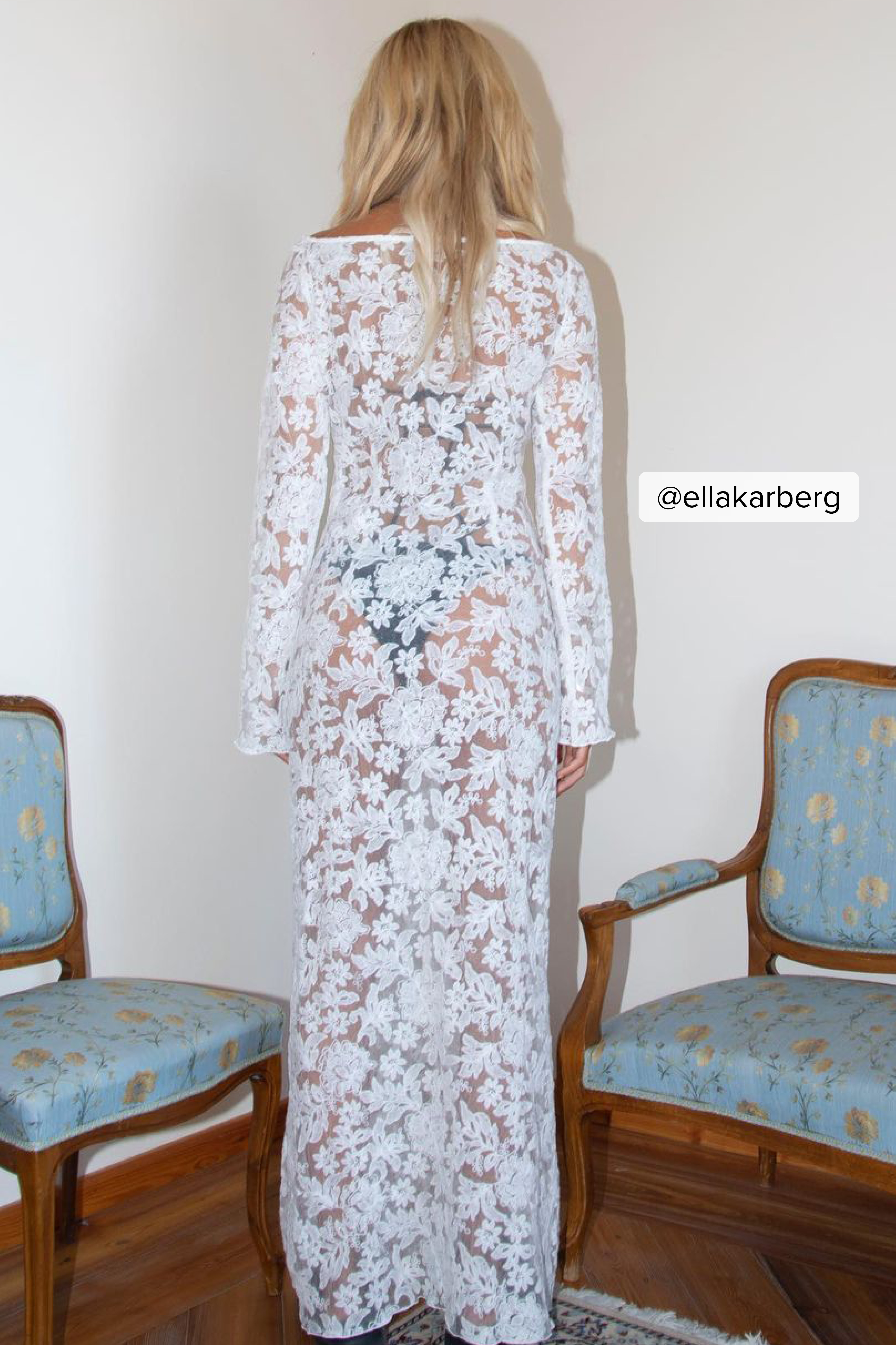 Sheer Boatneck Long Lace Dress White Na