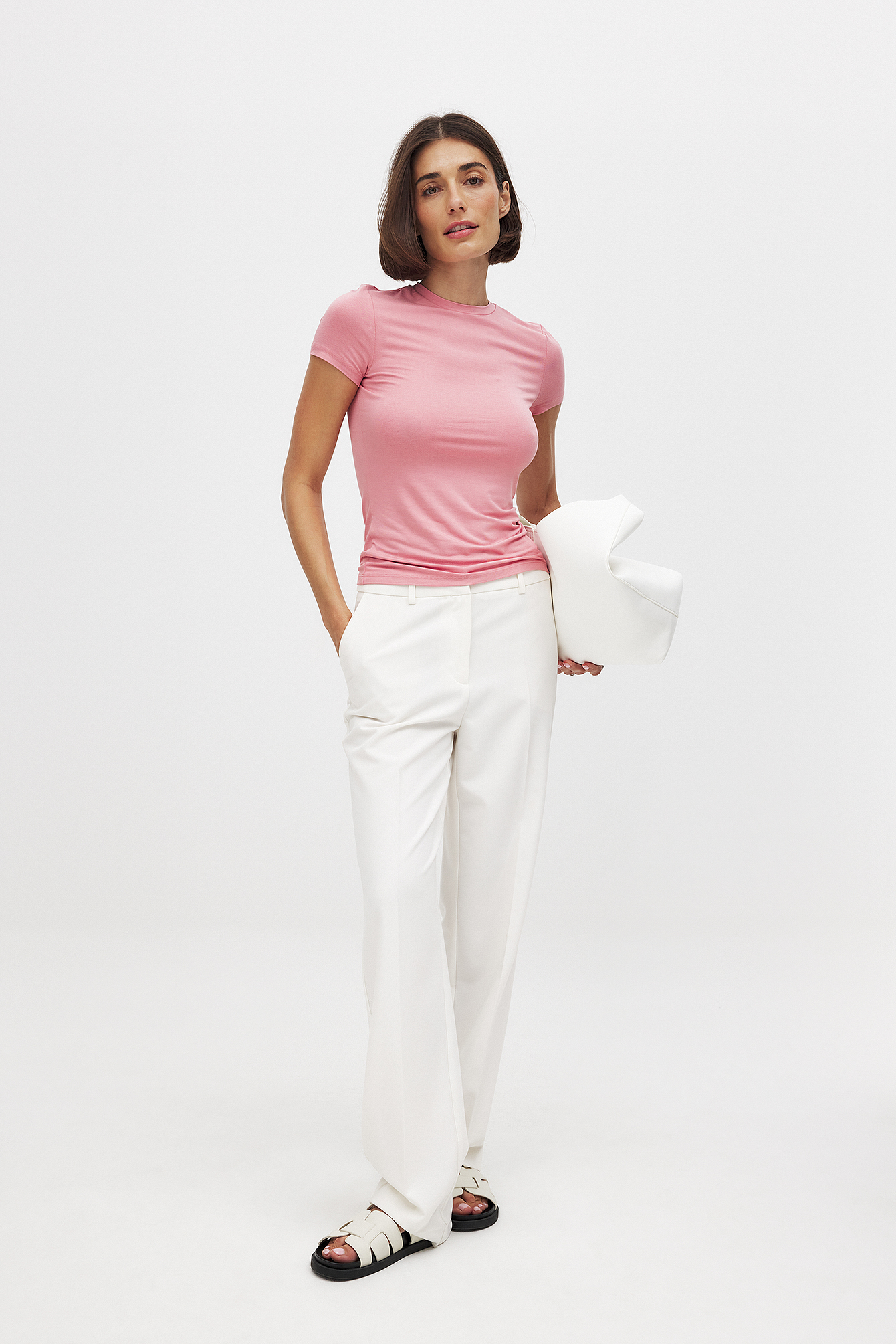 Soft Line Round Neck Short Sleeve Top Pink | NA-KD