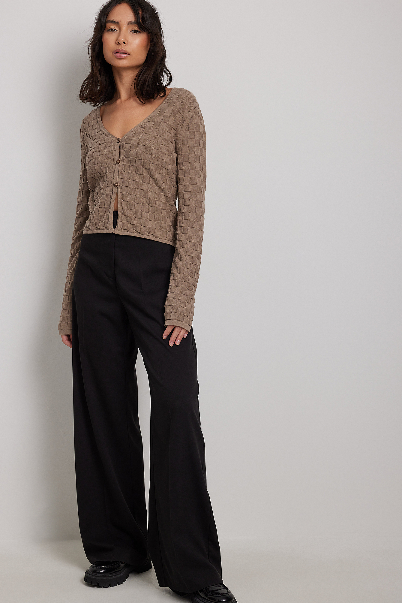 Square Knit Tie Detail Cardigan Brown | NA-KD