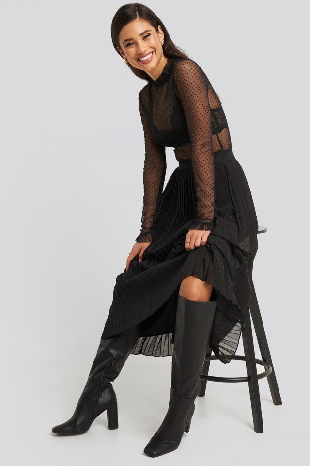 High Frill Neck Mesh Top Black | na-kd.com