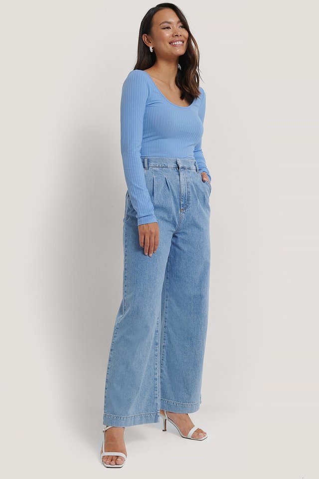 Deep Round Neck Rib Top Blue | na-kd.com