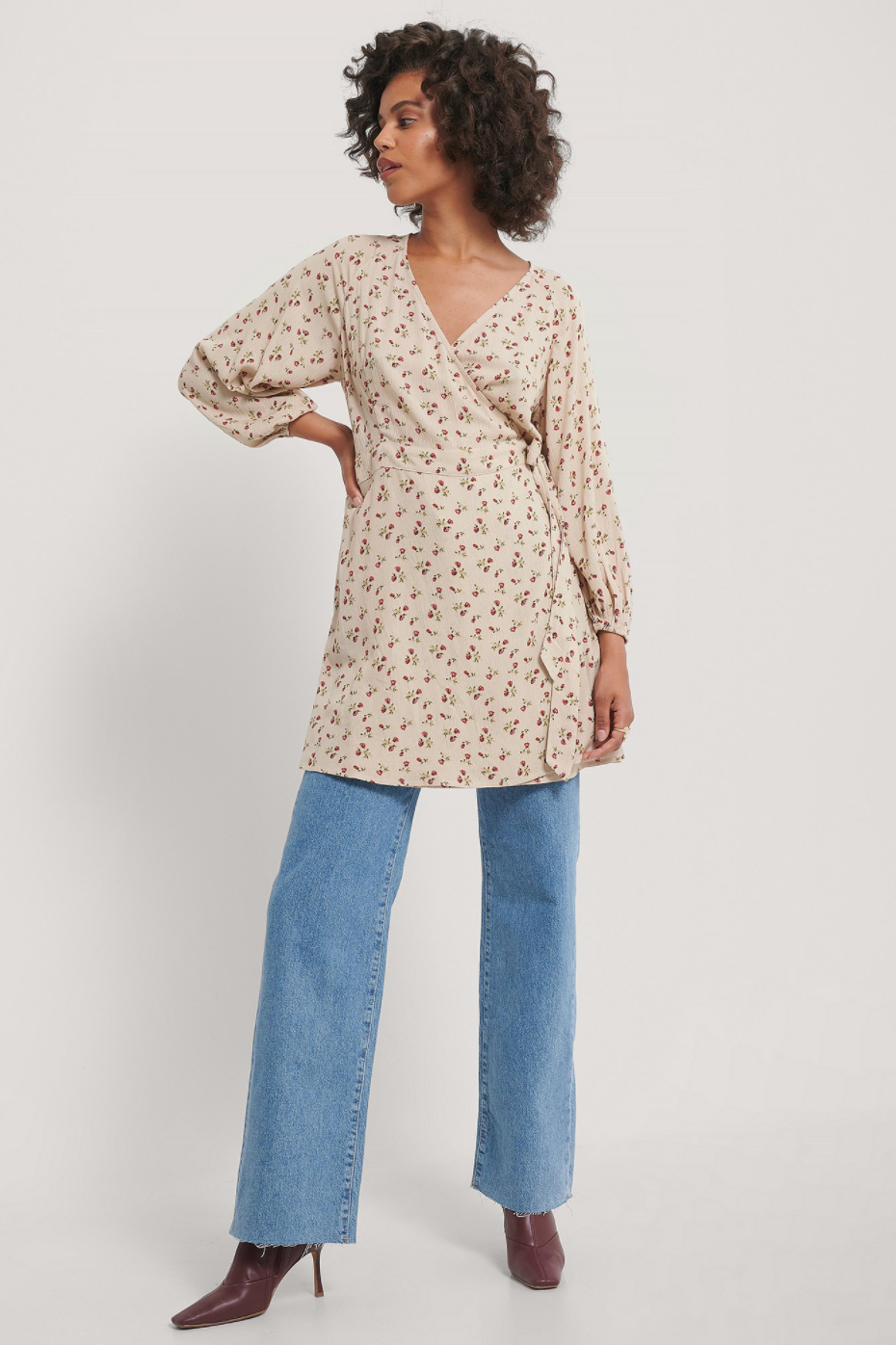 Tie Overlap Mini Dress Beige Na