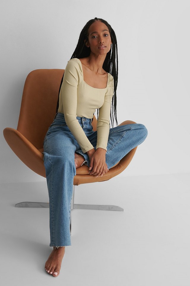 Square Neck Rib Top Beige | na-kd.com