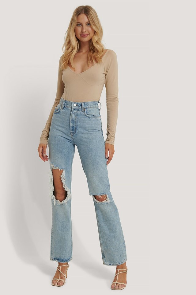 Cup Detail Long Sleeve Body Beige | na-kd.com