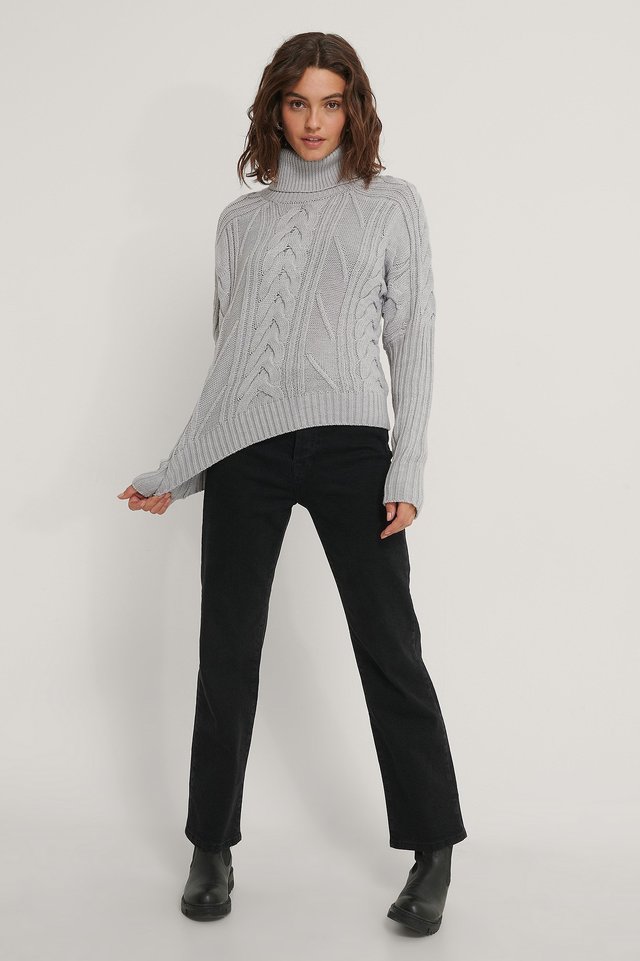 High Neck Cable Knit Sweater Grey | na-kd.com