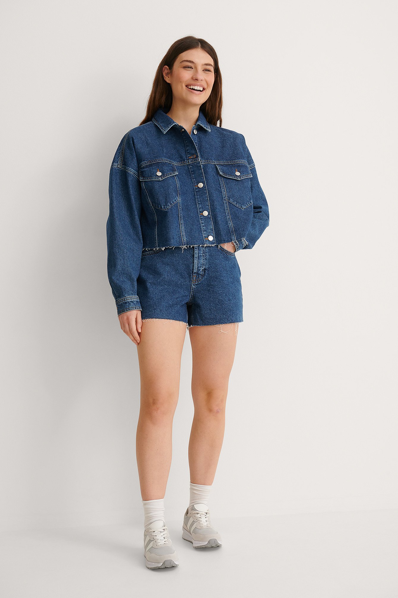 Organic Cropped Raw Hem Oversized Denim Jacket Blue | na-kd.com