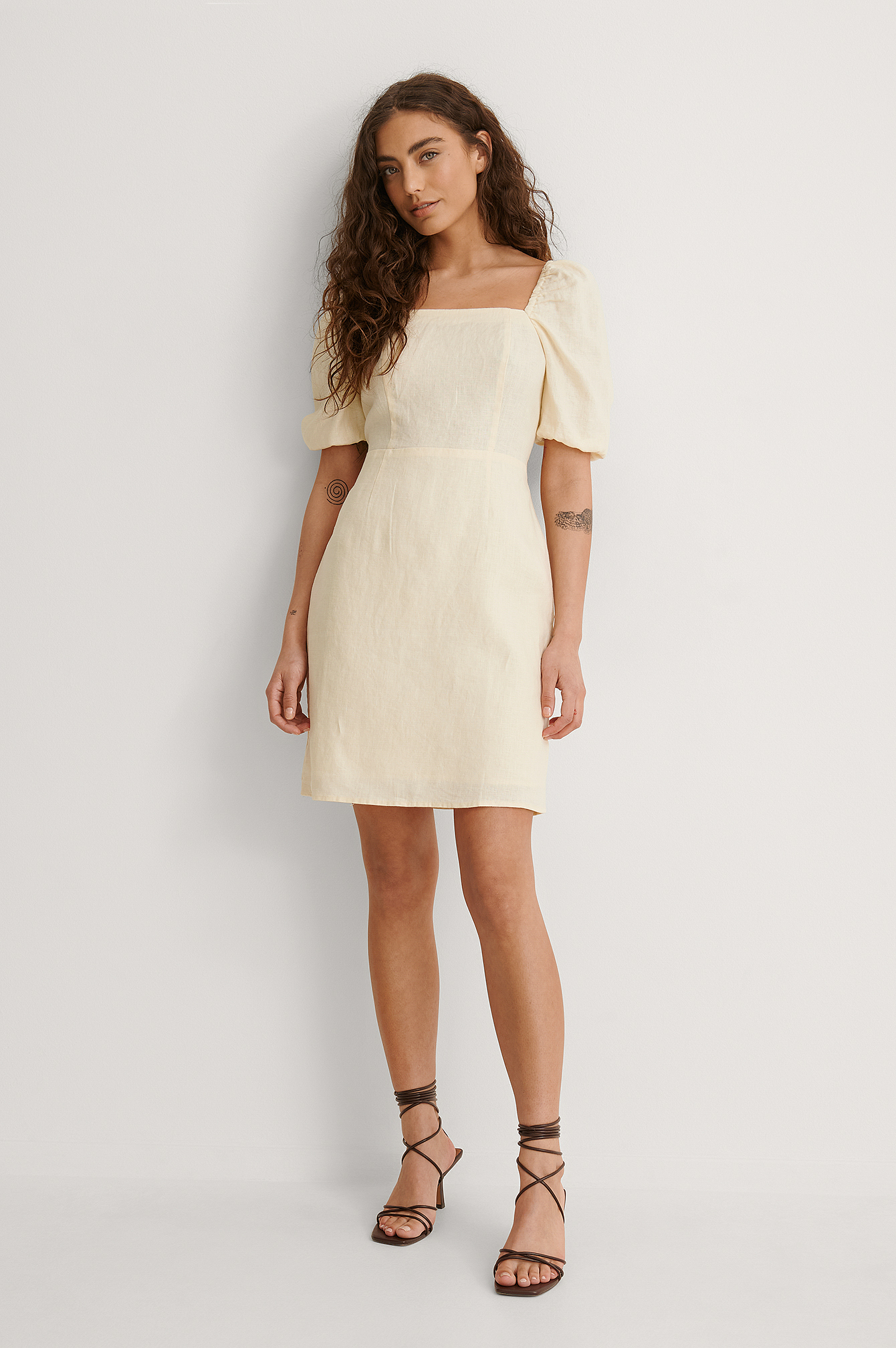 Square Neck Mini Linen Dress Offwhite | na-kd.com
