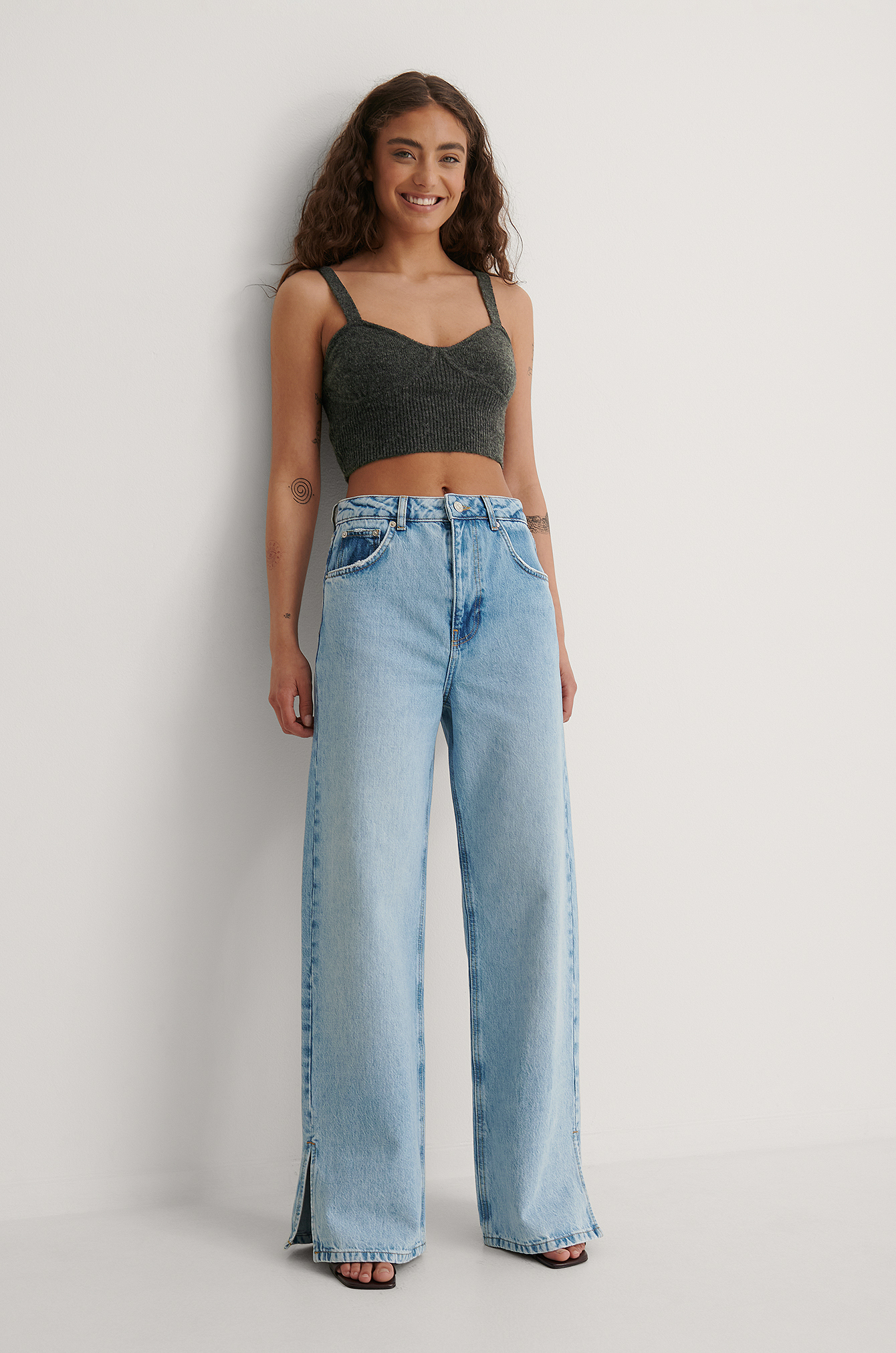 Vintage Look Wide Side Slit Jeans Blue | na-kd.com