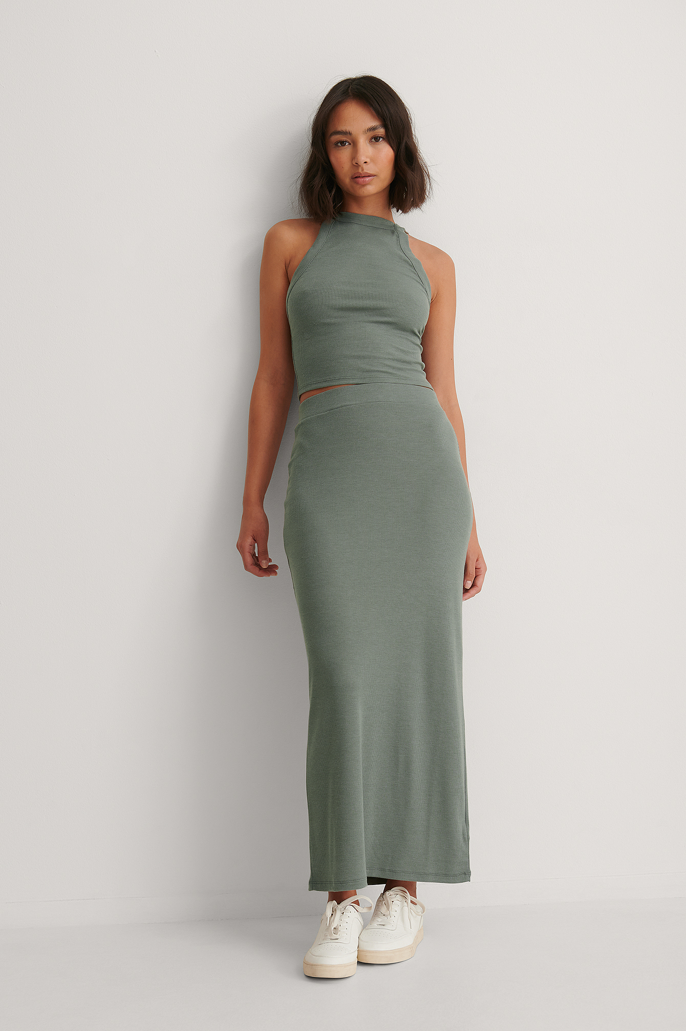 Rib Maxi Skirt Green | na-kd.com