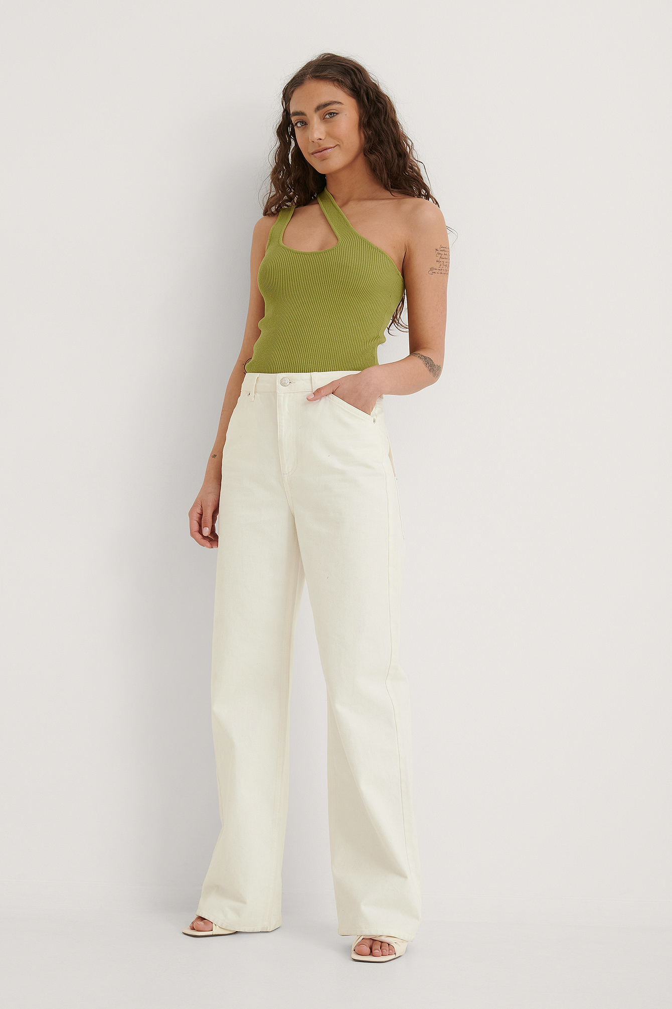 Asymmetric Knitted Ribbed Singlet Green | na-kd.com