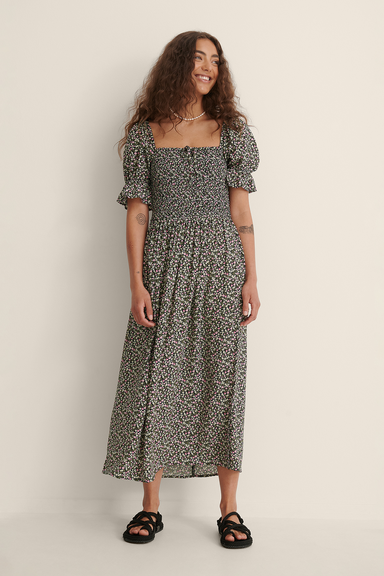 Puff Sleeve Midi Dress Flower | na-kd.com