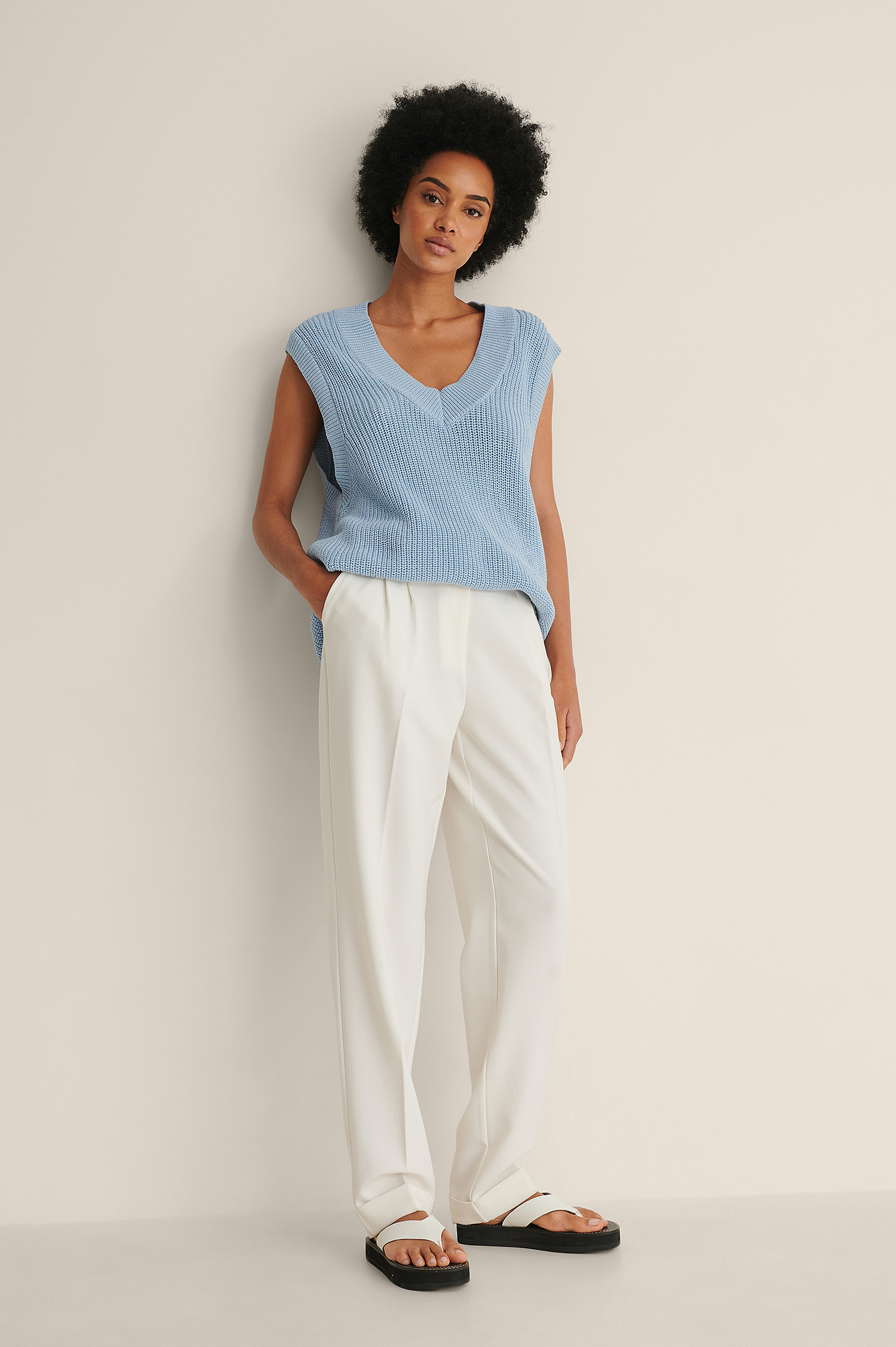 Oversized Knitted Long Vest Blue | na-kd.com