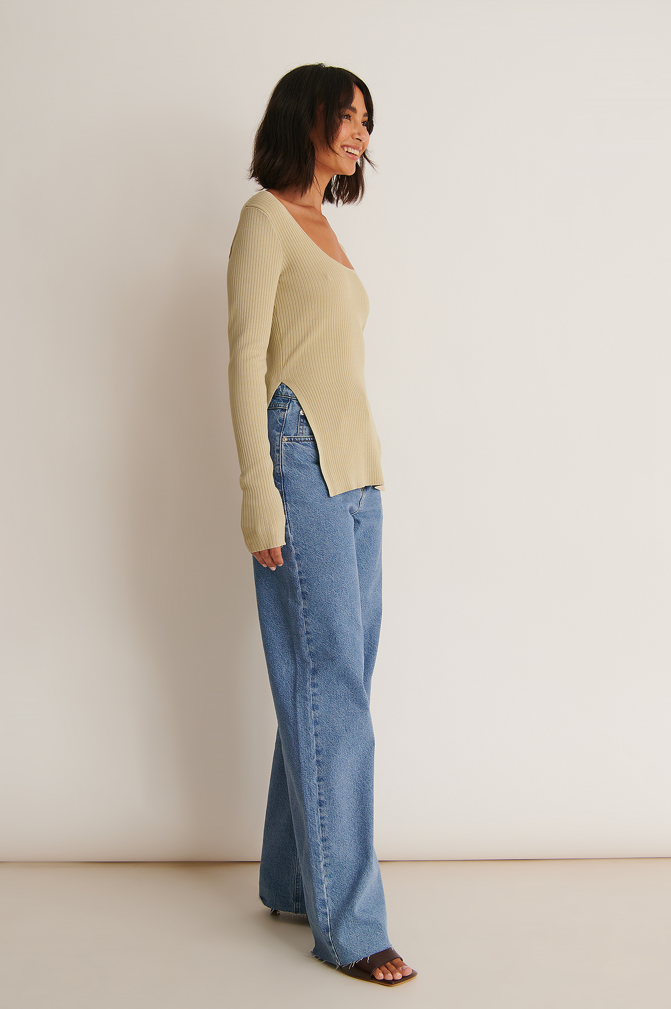 Side Slit Long Sleeve Top Green | na-kd.com