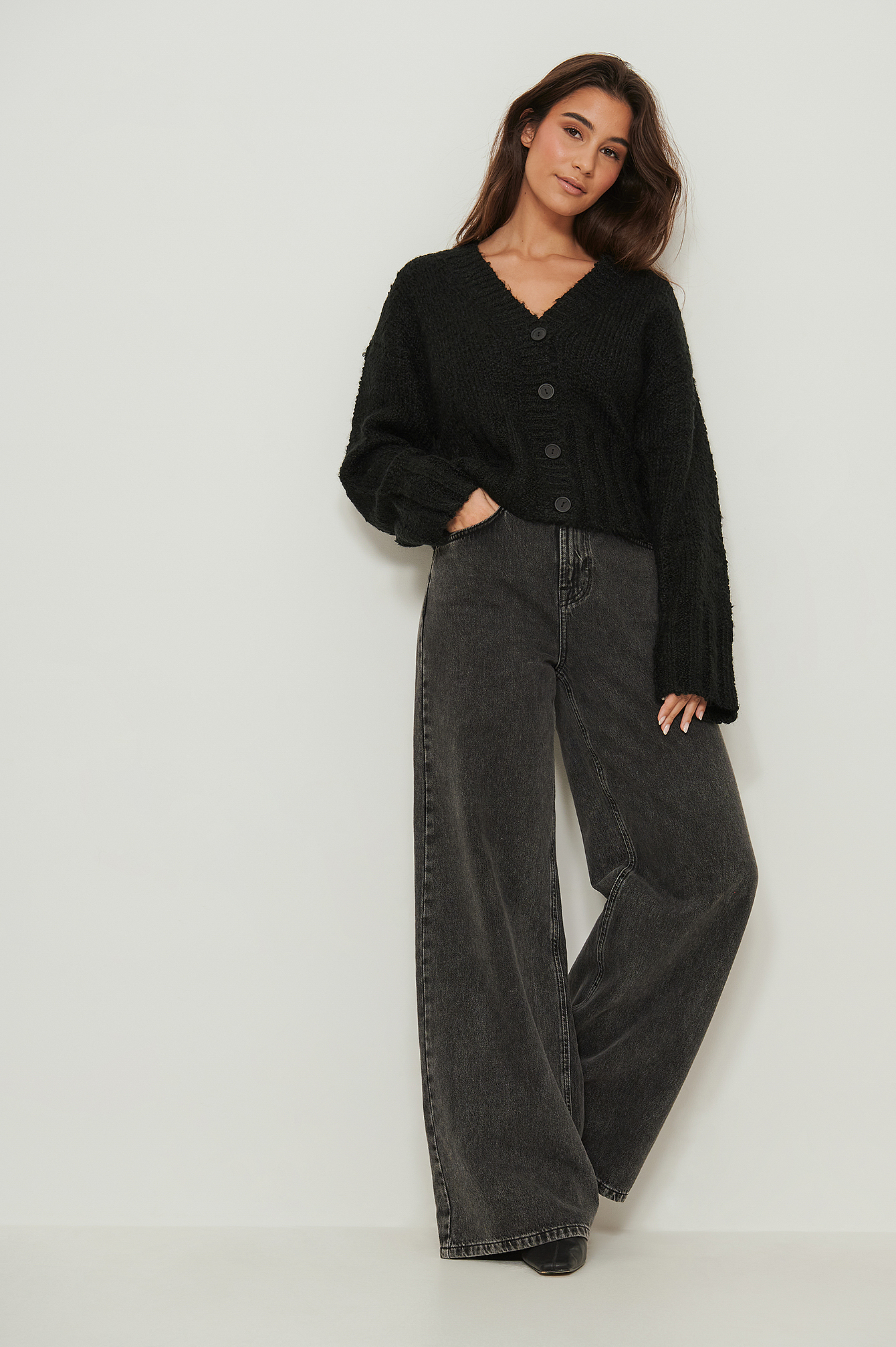 Chunky Knitted Cropped Cardigan Black | na-kd.com