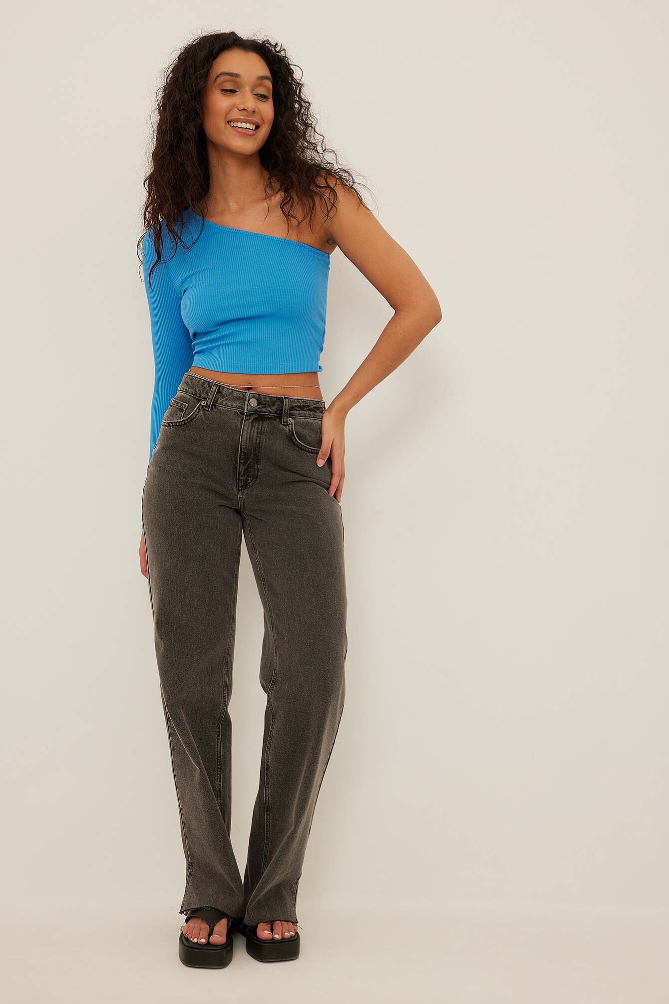 One Shoulder Rib Top Blue | na-kd.com
