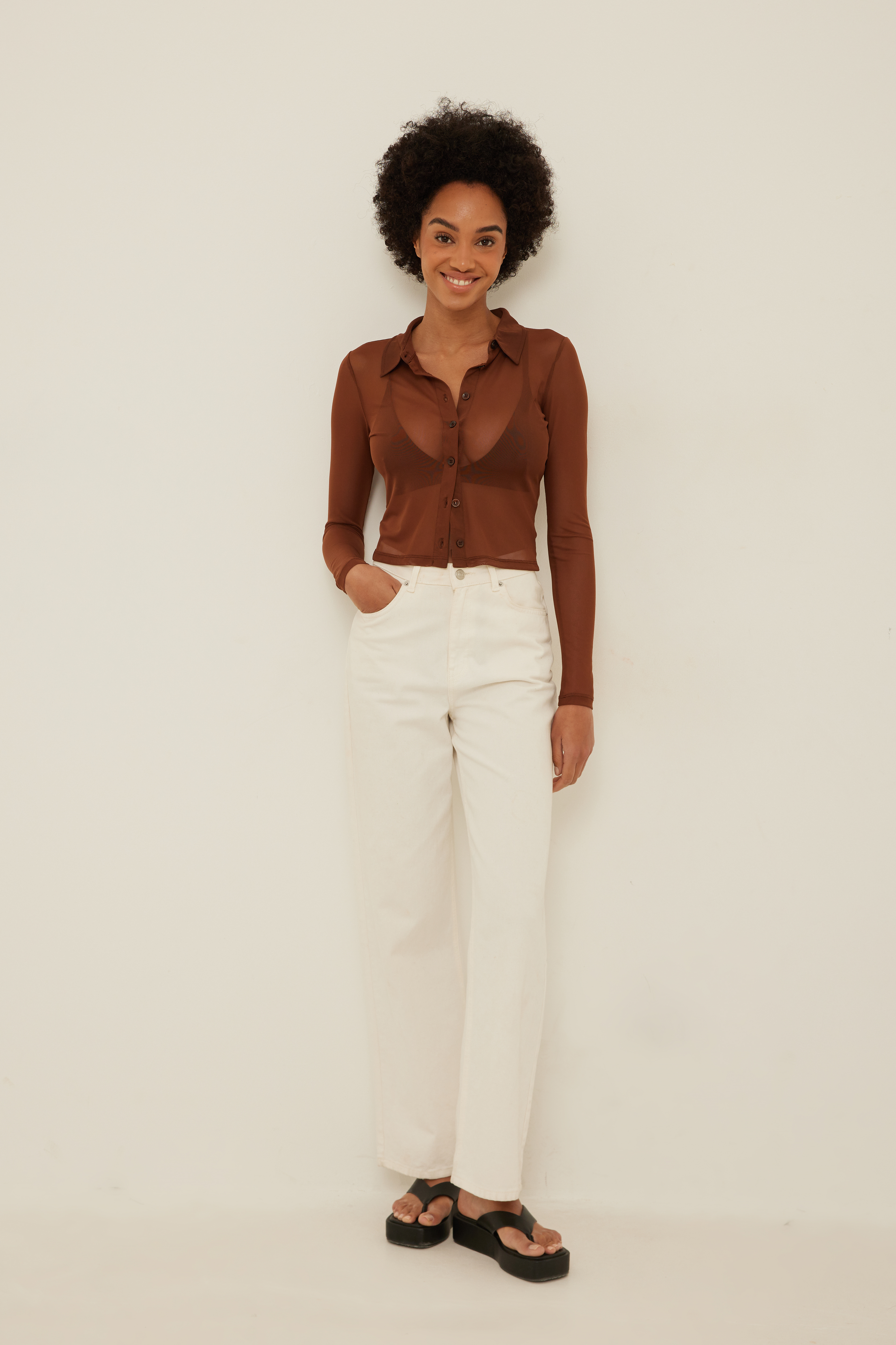 Fitted Mesh Cardigan Brown | na-kd.com