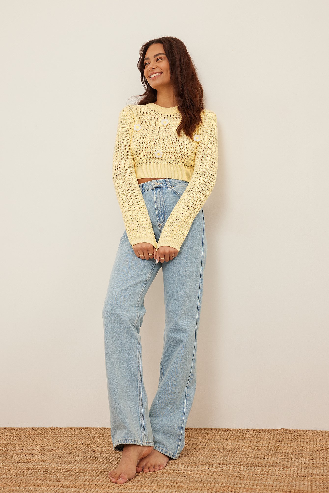 Cropped Knitted Flower Sweater Yellow | na-kd.com