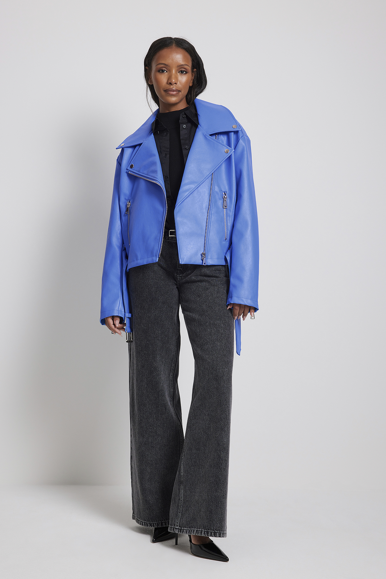 Oversized Biker PU Jacket Blue | na-kd.com