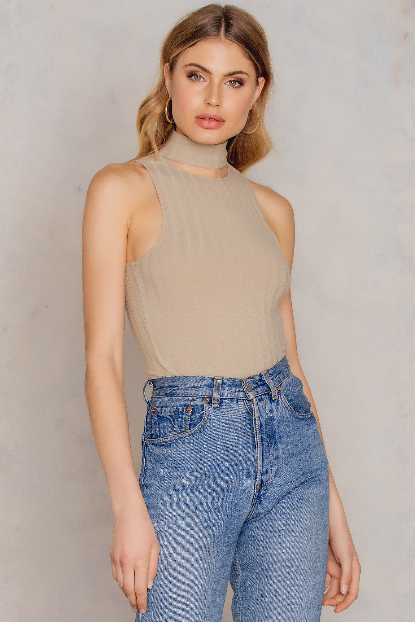 Rib Cut Out Neckline Tank Beige | NA-KD