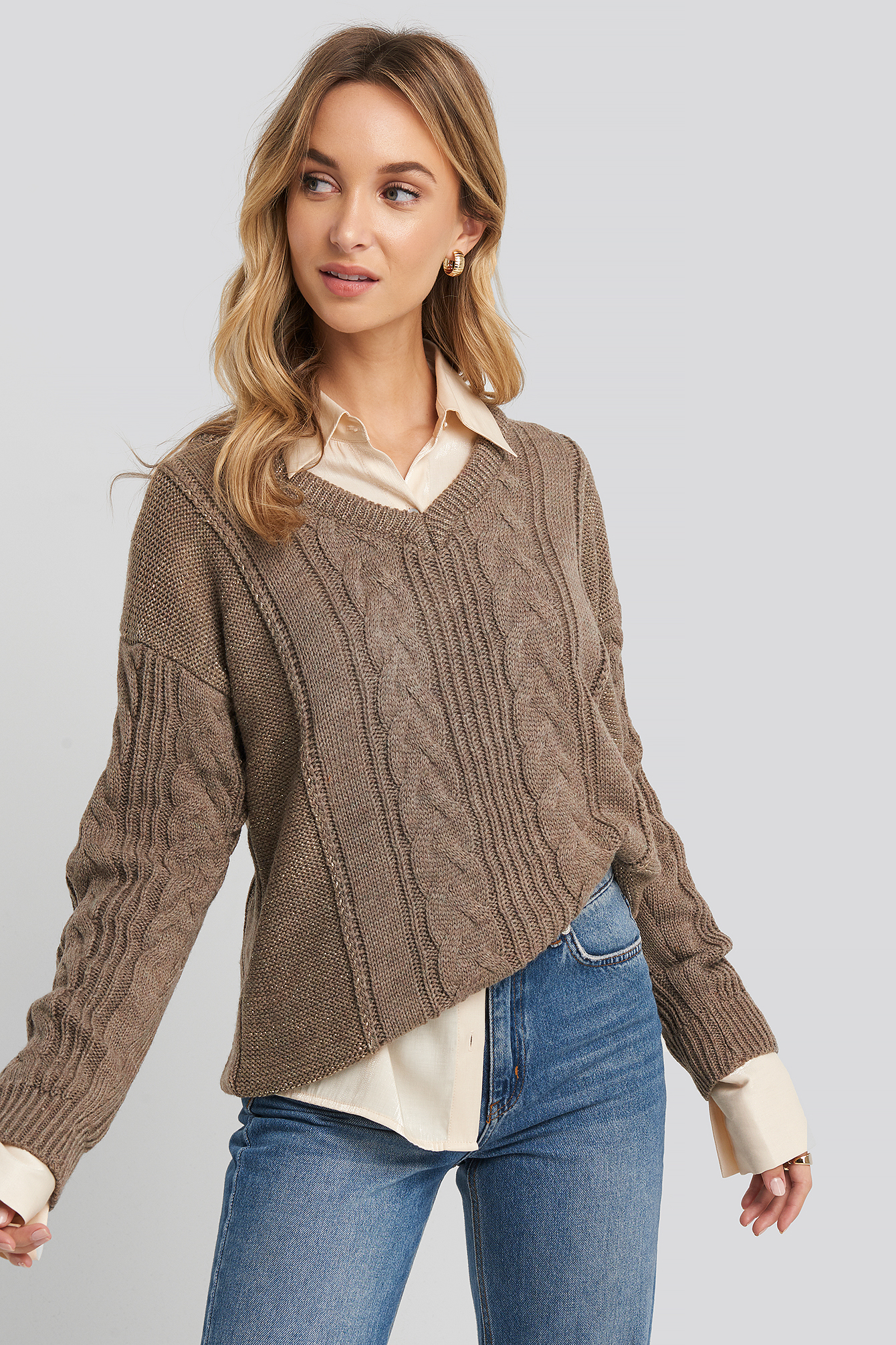 Trendyol Braided Silvery Knitted Sweater - Brown | ModeSens