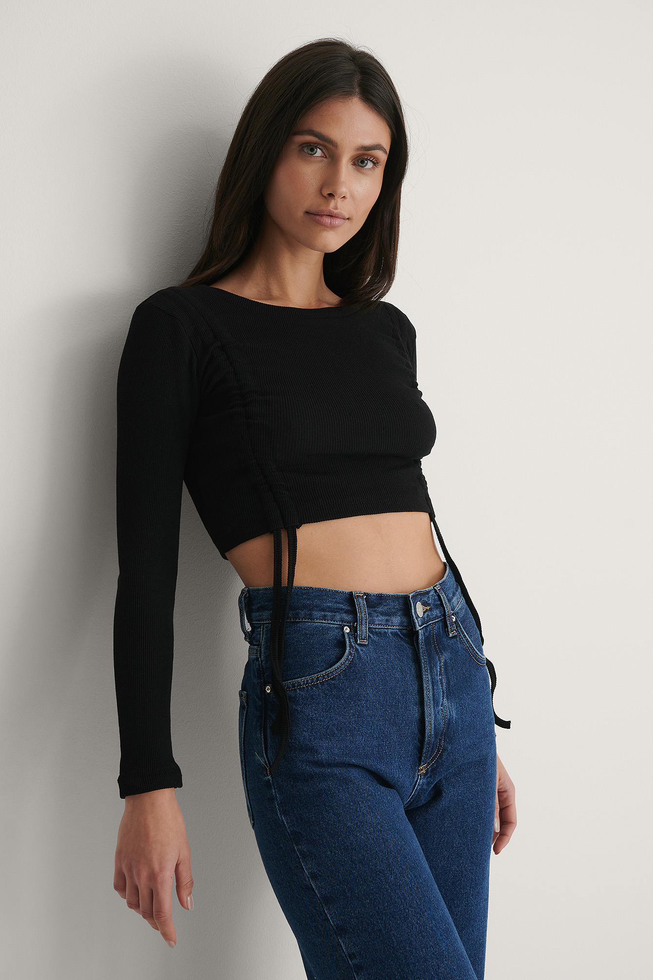 Drawstring Detail Knit Crop Top Black | NA-KD