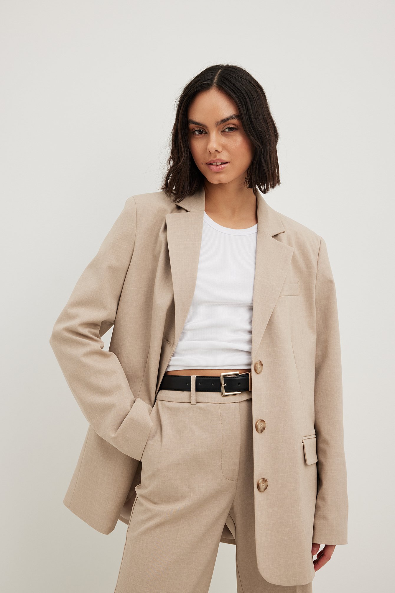 Triple Buttoned Oversized Melange Blazer Beige | NA-KD