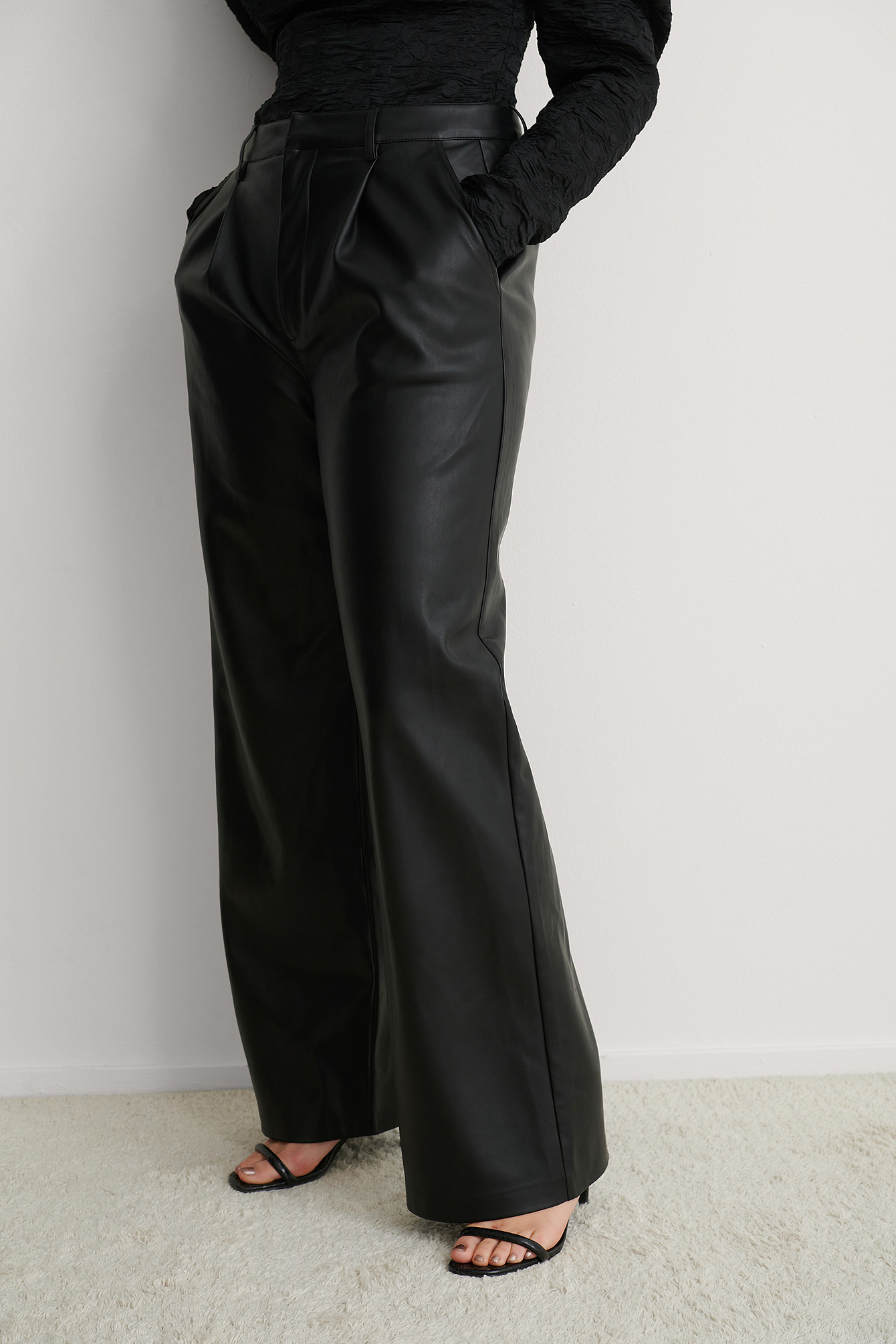 Pleat Detail PU Pants Black | NA-KD