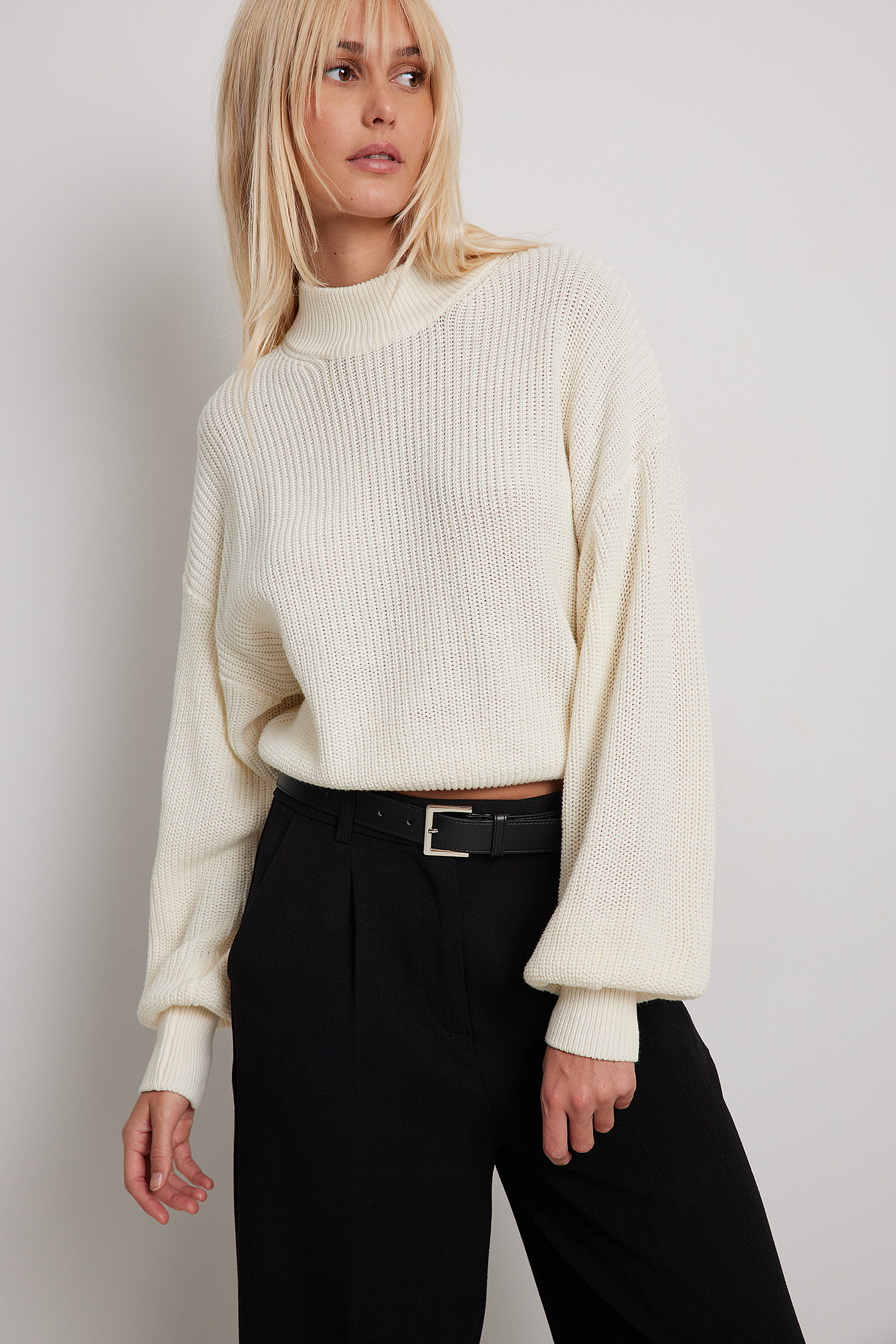 Volume Sleeve High Neck Knitted Sweater Offwhite | NA-KD