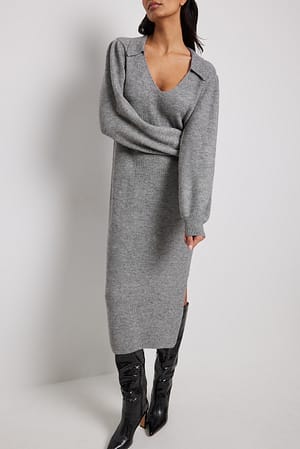 Collar Long Knitted Dress Grey | NA-KD