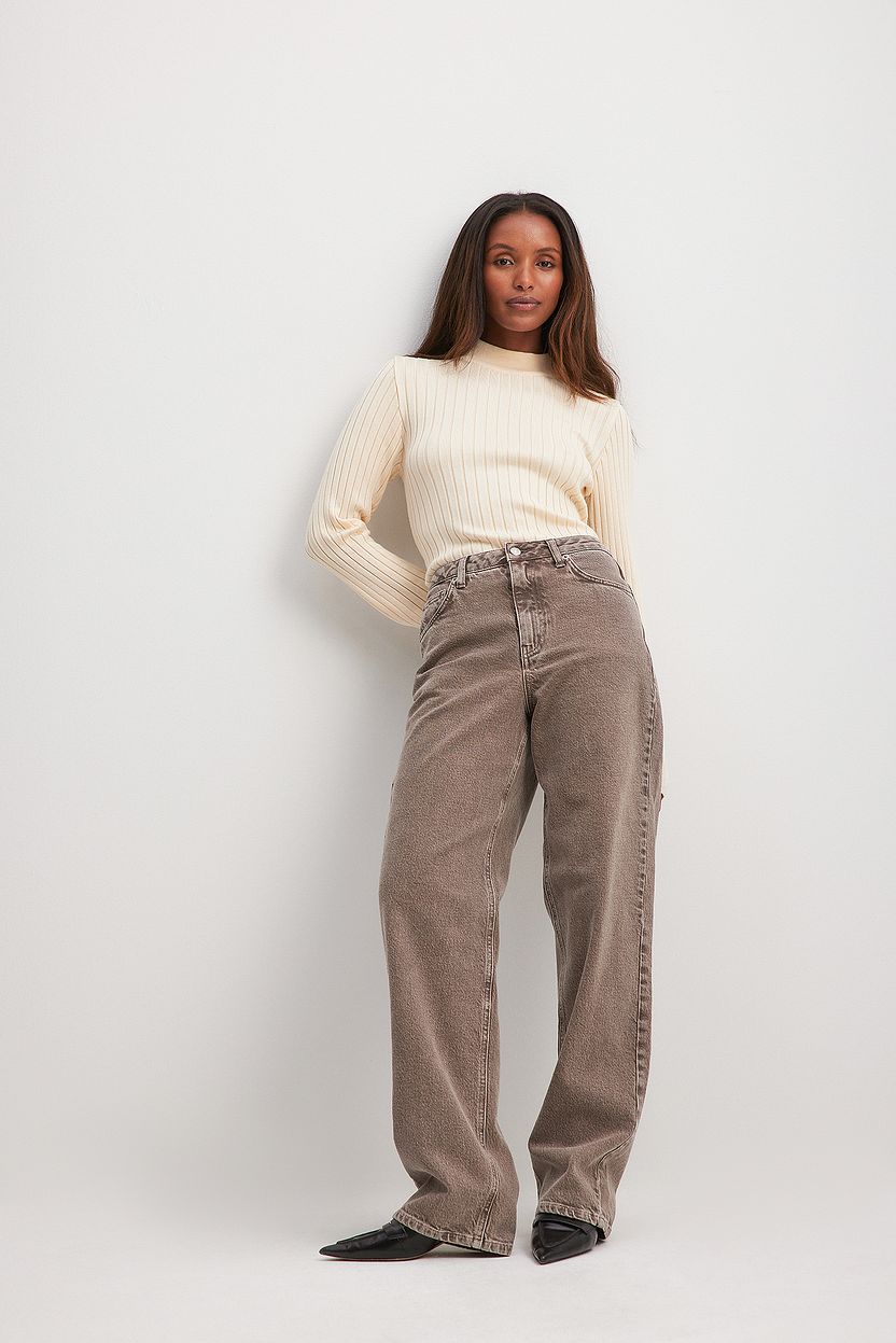 Long Sleeve Wide Ribbed Knitted Top Beige | NA-KD