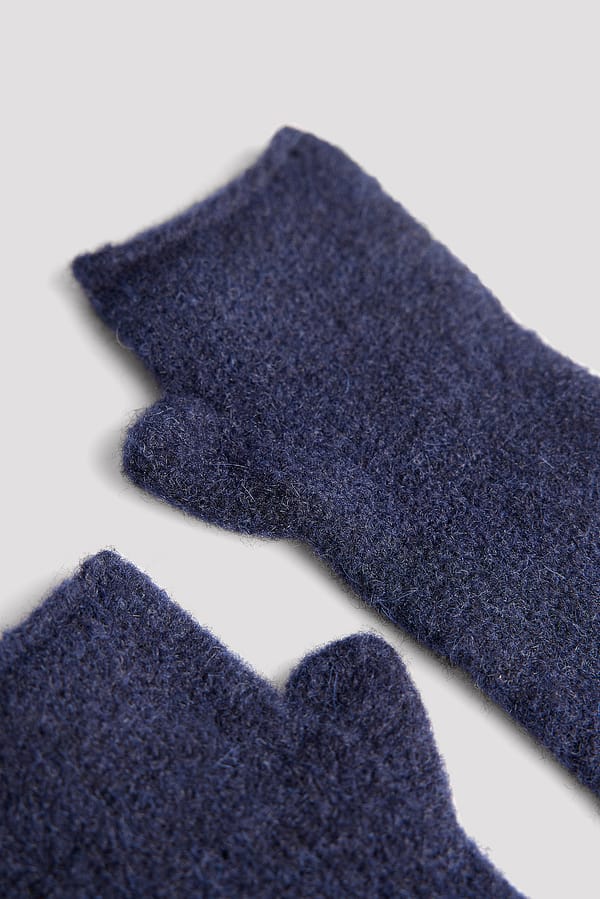 Wool Blend Knitted Mittens Blue | NA-KD