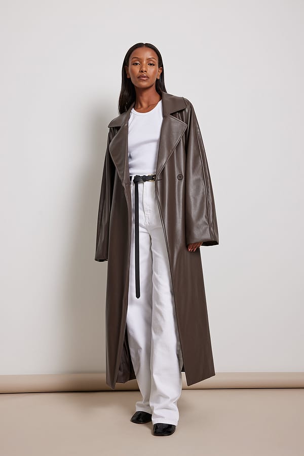 Oversized PU Trench Coat Brown | NA-KD