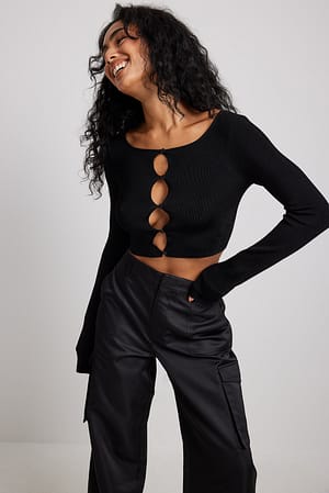 Ribbed Knitted Cut Out Detail Top Black | NA-KD