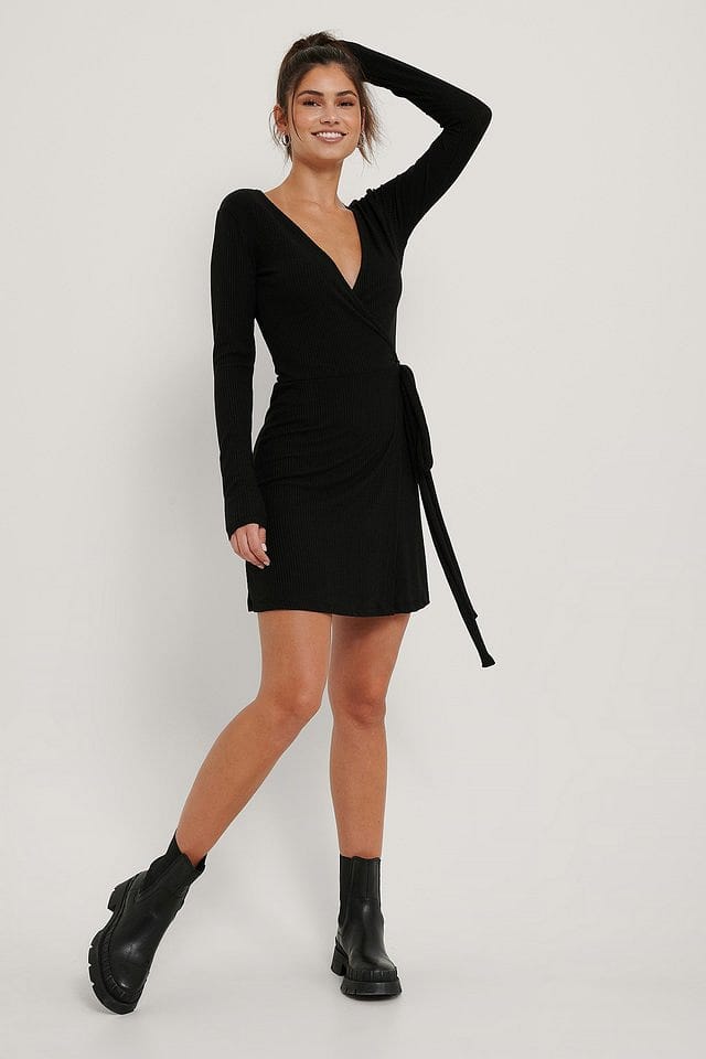 Recycled Overlap Tie Short Dress Black | na-kd.com