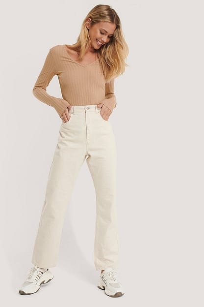 V-Neck Ribbed Top Beige | NA-KD