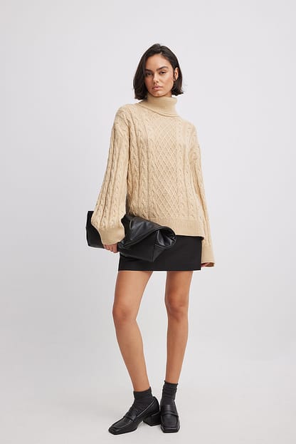 Turtle Neck Knitted Cable Sweater Beige | NA-KD
