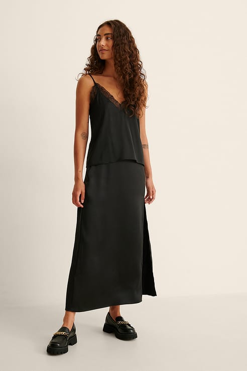 Recycled Lace Detail Satin Singlet Black | na-kd.com