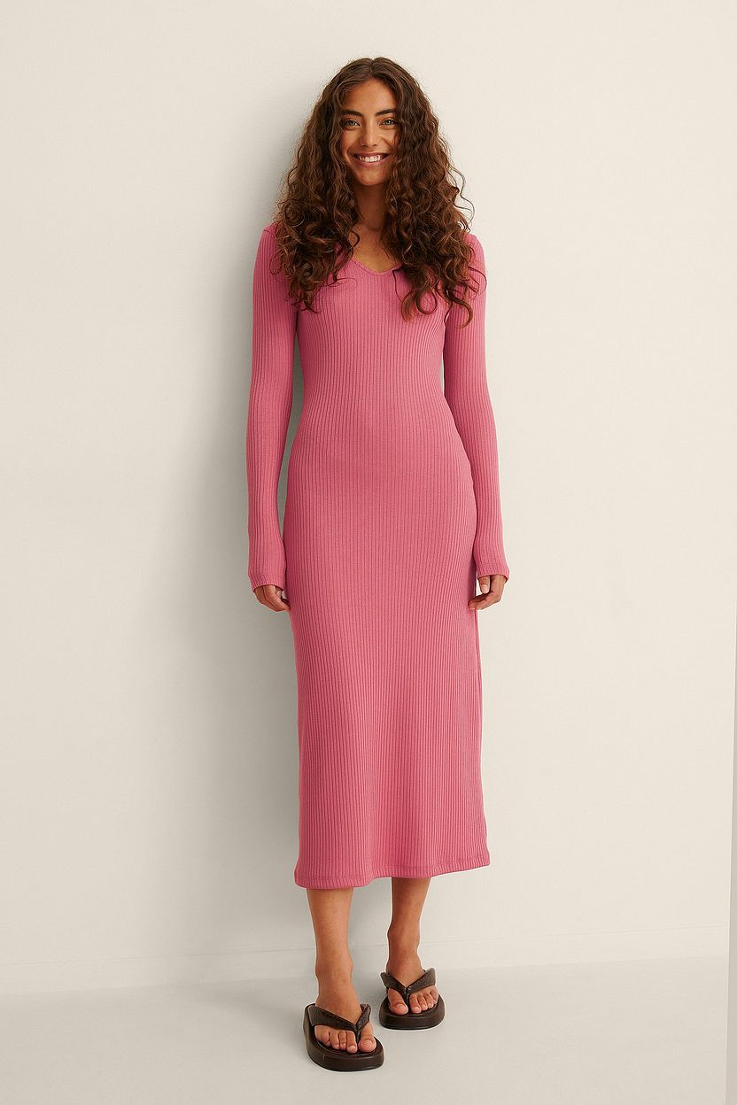 V-neck Ribbed Maxi Dress Pink | na-kd.com