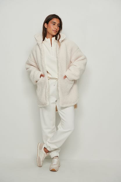 Long Zipped Teddy Jacket Offwhite | NA-KD