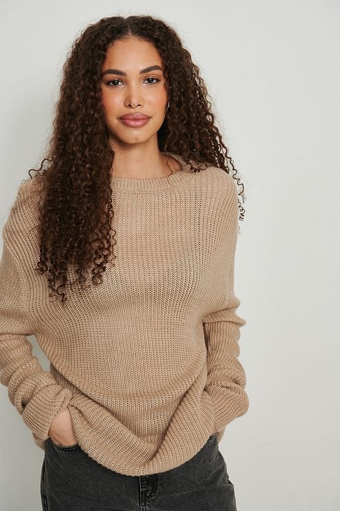 Round Neck Knitted Sweater Beige | na-kd.com