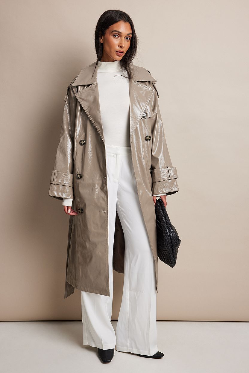 Shiny PU Belted Trench Coat Beige | NA-KD