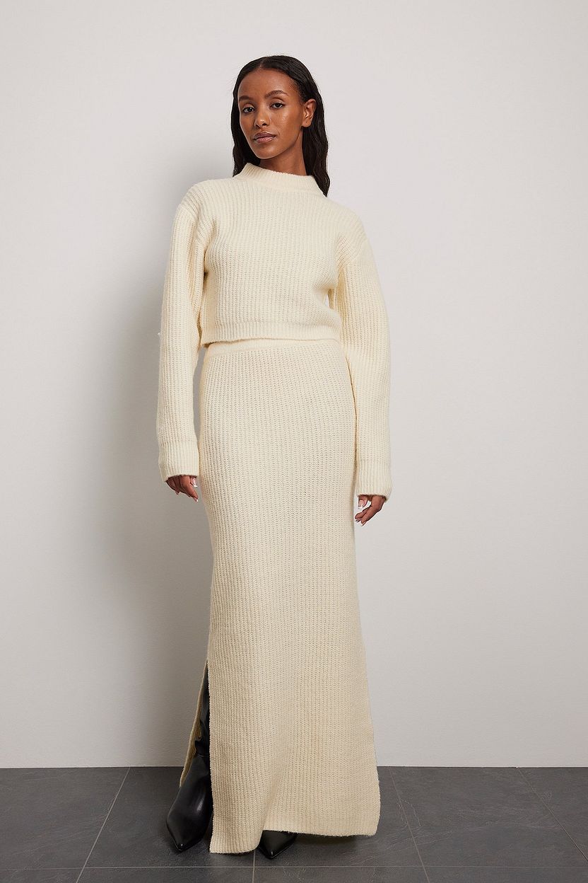 Wool Blend Ribbed Knitted Maxi Skirt Offwhite | NA-KD