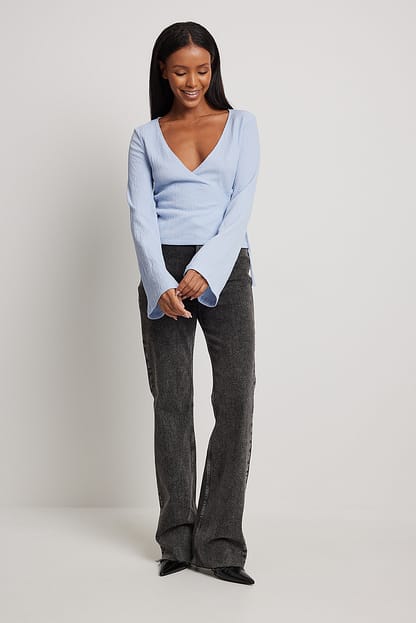 Long Sleeve Structured Wrap Top Blue | NA-KD
