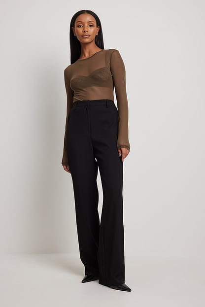 Round Neck Fitted Mesh Top Brown | NA-KD