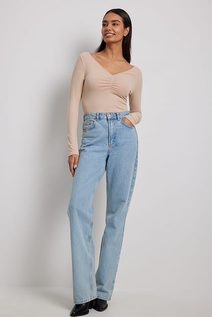 Front Rouched Ribbed Top Beige | NA-KD