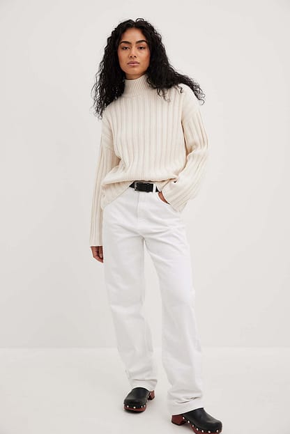 Oversized Rib Knitted Turtle Neck Sweater Offwhite | NA-KD